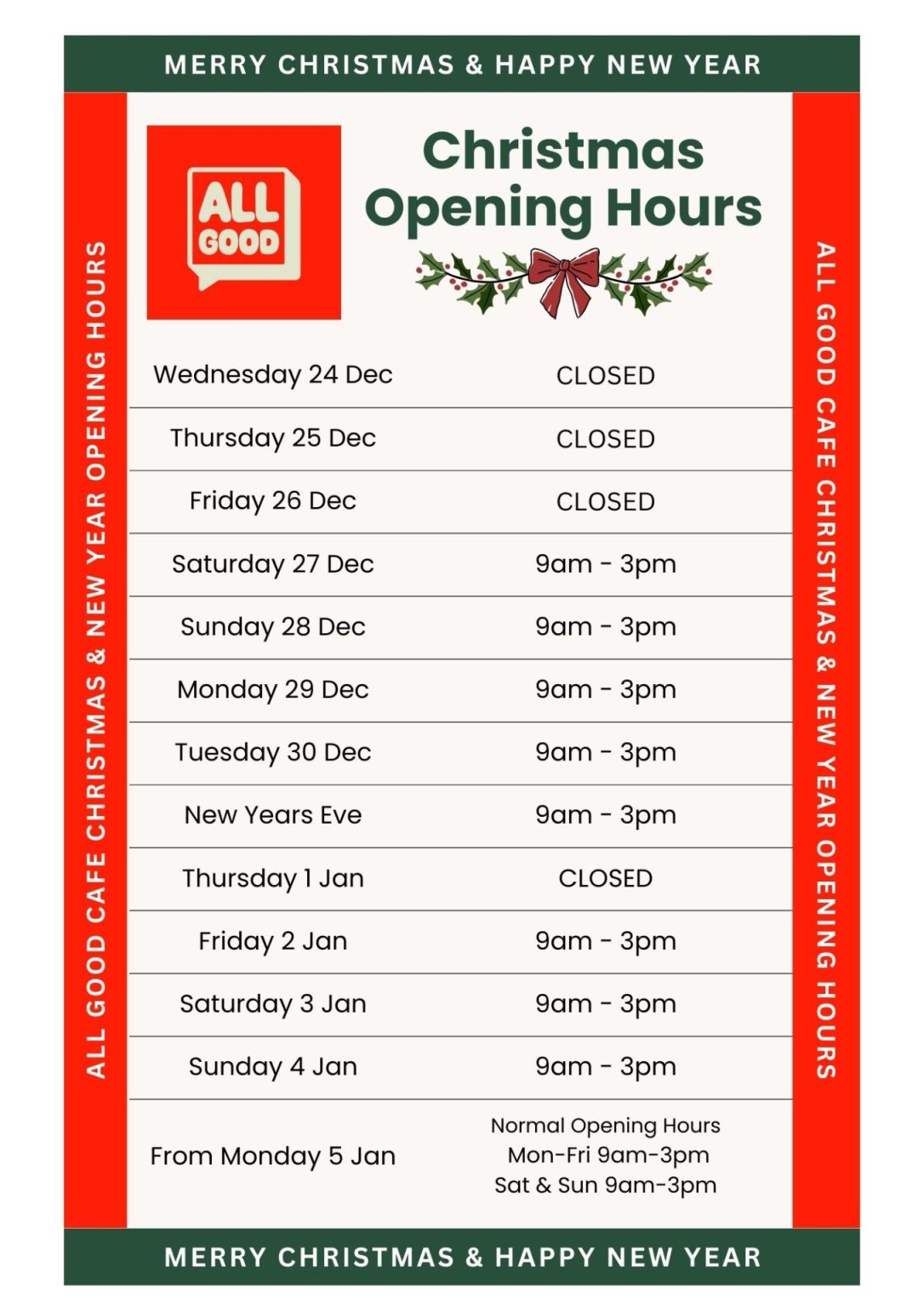 All Good Cafe - Christmas Opening Hours - Campbell Park Community Council